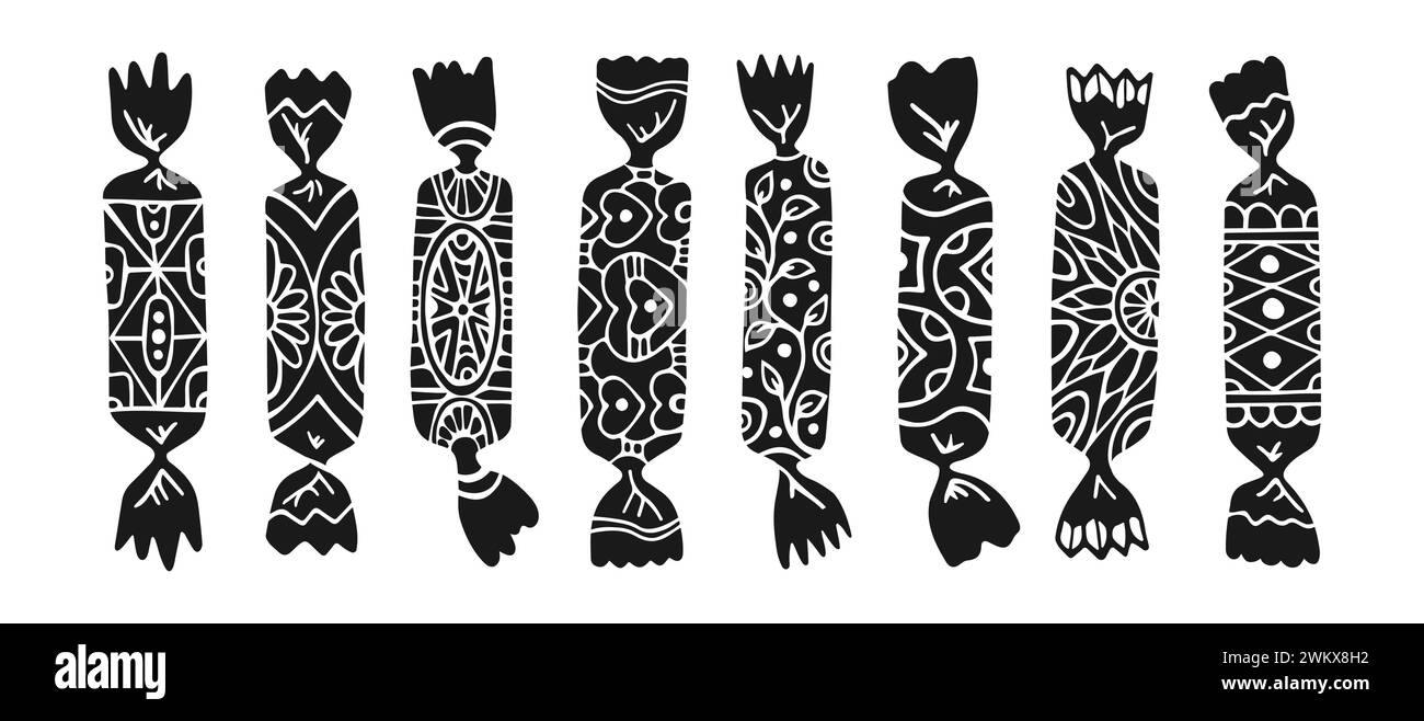 Wrapped hand drawn candy with ornament. Caramel bonbon lollipop ...