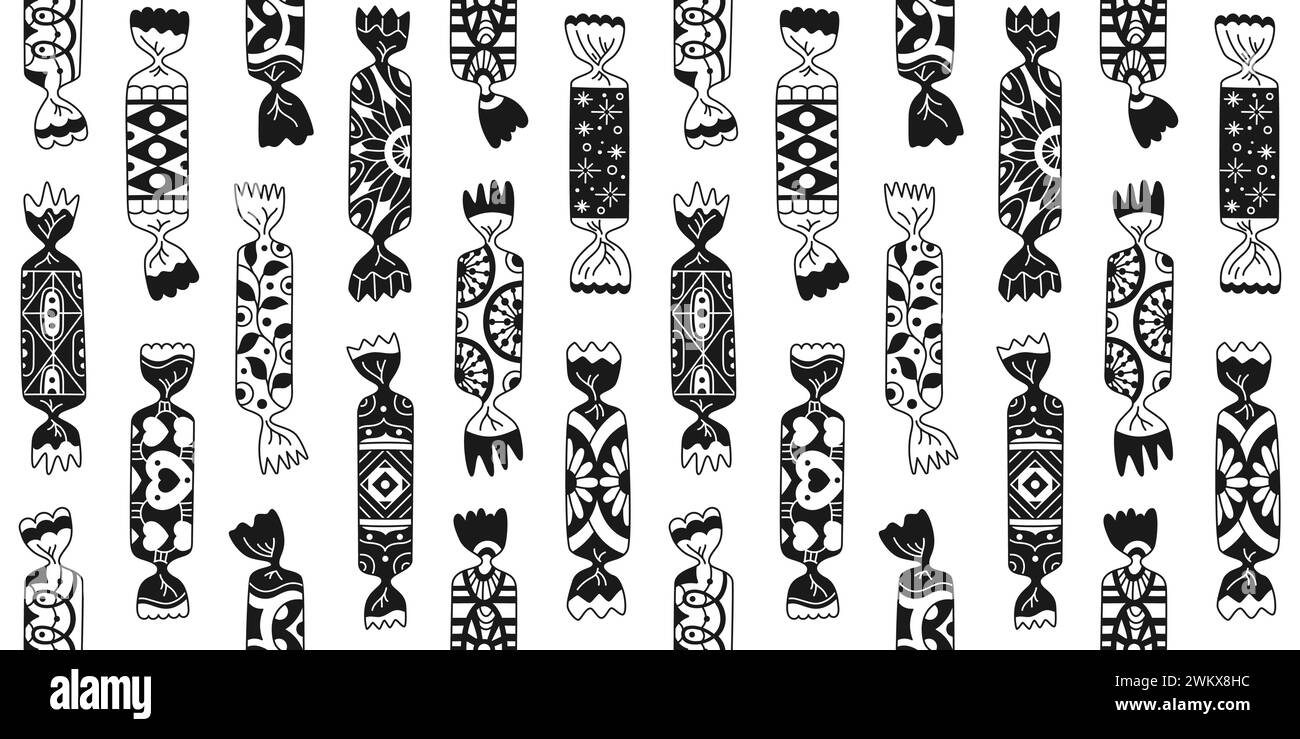 Wrapped candy seamless pattern. Caramel bonbon lollipop with doodle ...