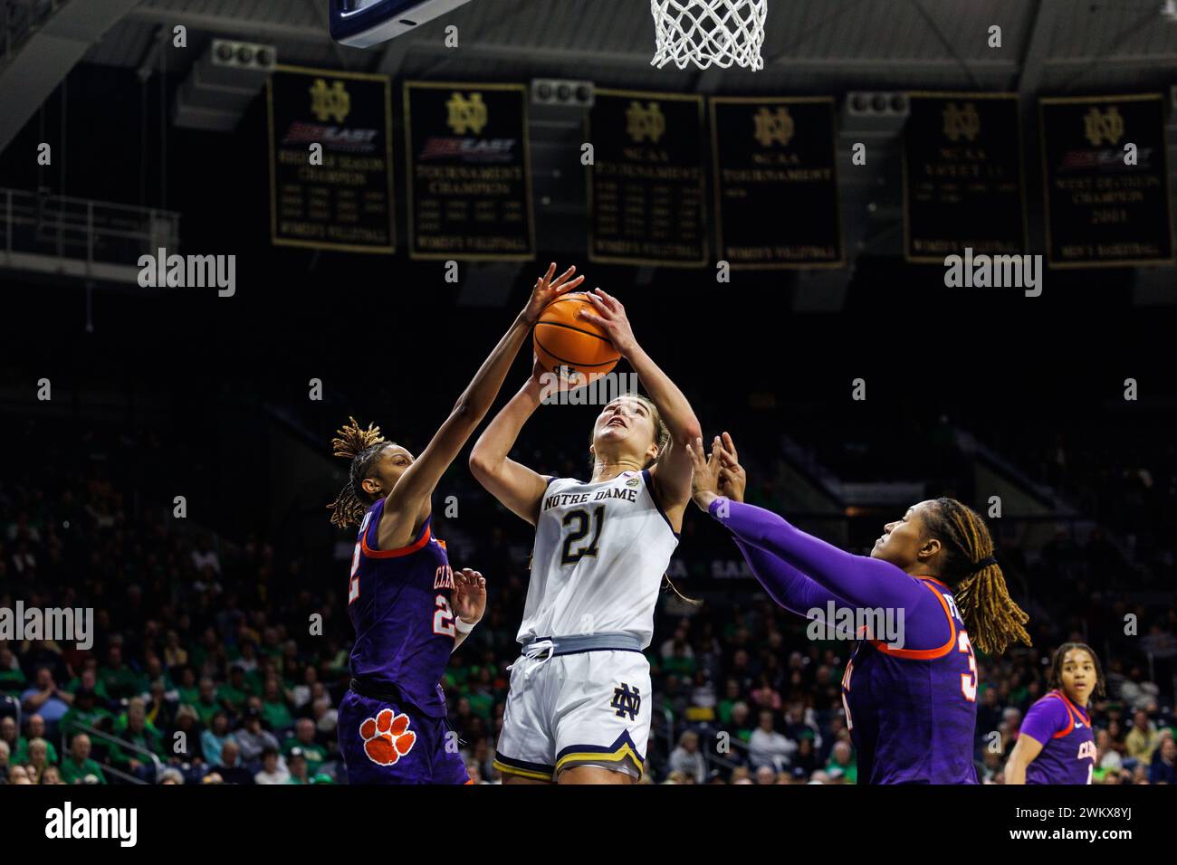 South Bend, Indiana, USA. 22nd Feb, 2024. Notre Dame forward Maddy Westbeld (21) goes up for a ...