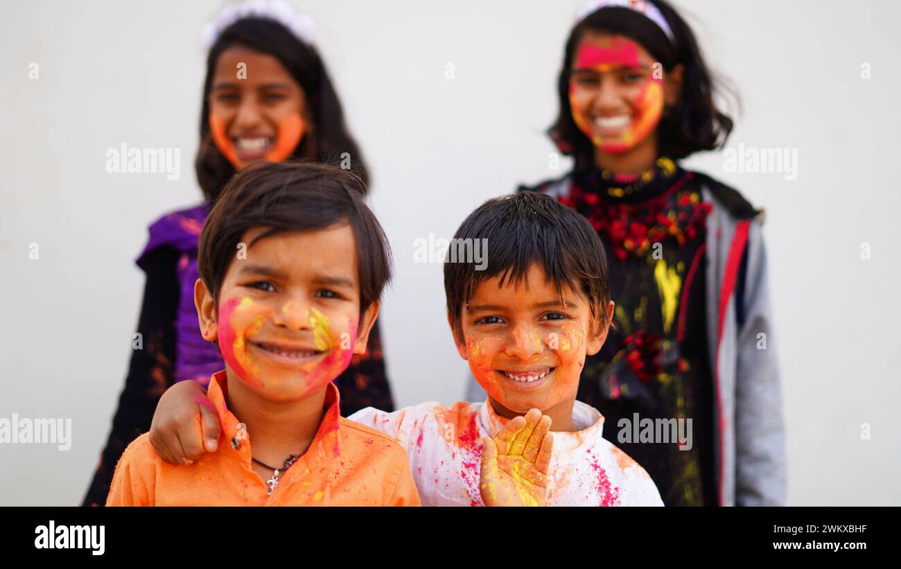 Happy Cute Smiling little Indian kids showing their colourful hands or ...