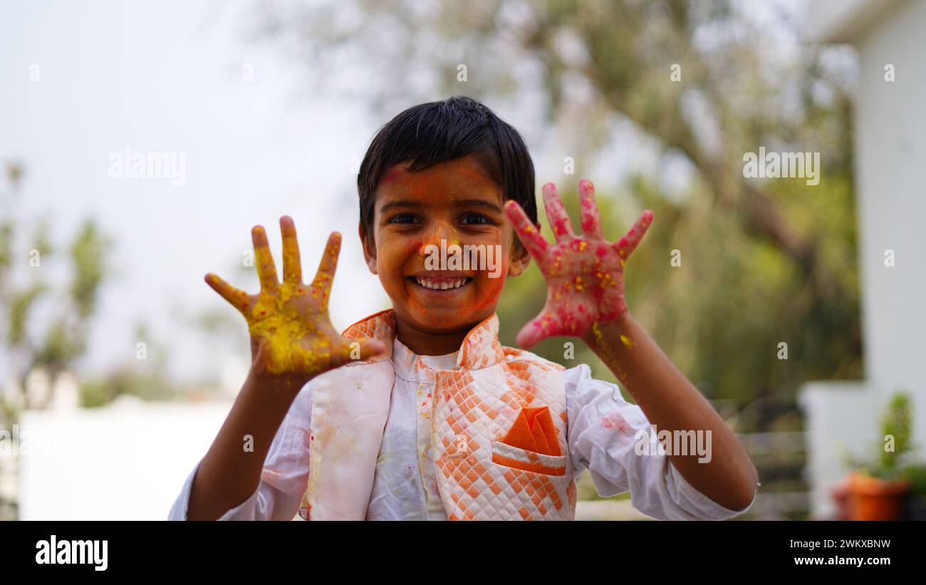 Happy Cute Smiling little Indian kids showing their colourful hands or ...