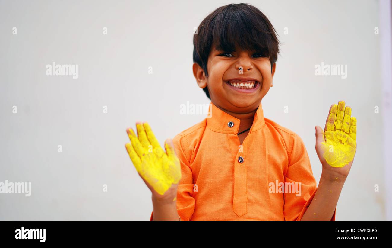 Happy Cute Smiling little Indian kids showing their colourful hands or ...