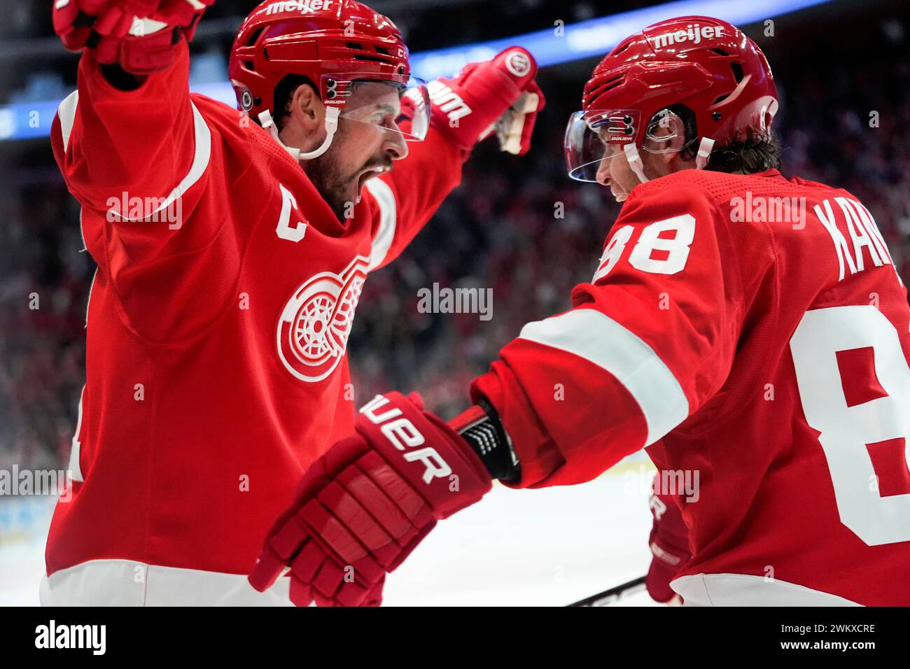 Detroit Red Wings right wing Patrick Kane, right, celebrates his goal ...