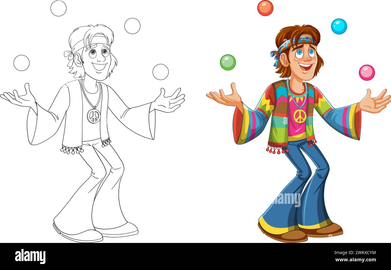 Cartoon hippie character juggling balls, before and after coloring ...