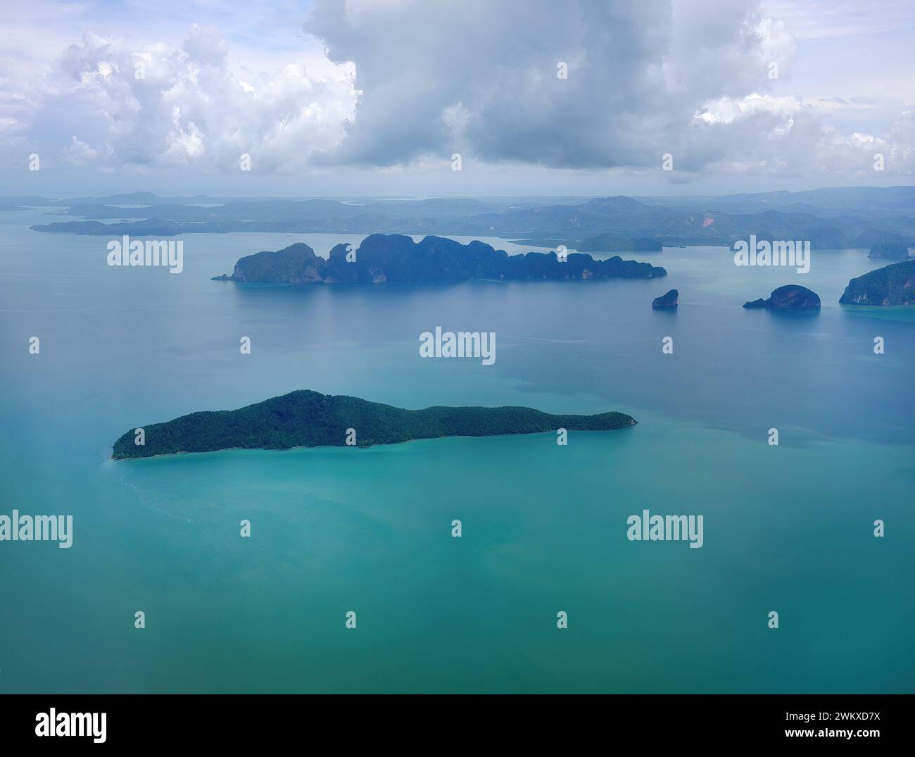 Aerial view flying over stunning tropical green islands Phang Nga Bay ...