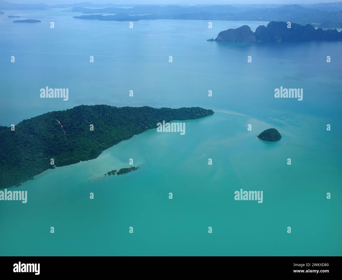 Aerial view flying over stunning tropical green islands Phang Nga Bay ...