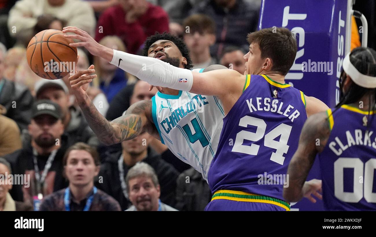 Utah Jazz center Walker Kessler (24) fouls Charlotte Hornets center ...