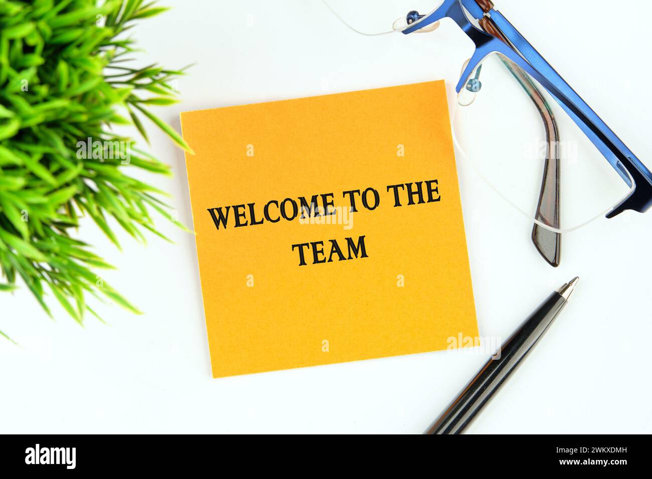 WELCOME TO THE TEAM text written on an orange sticker on a white ...