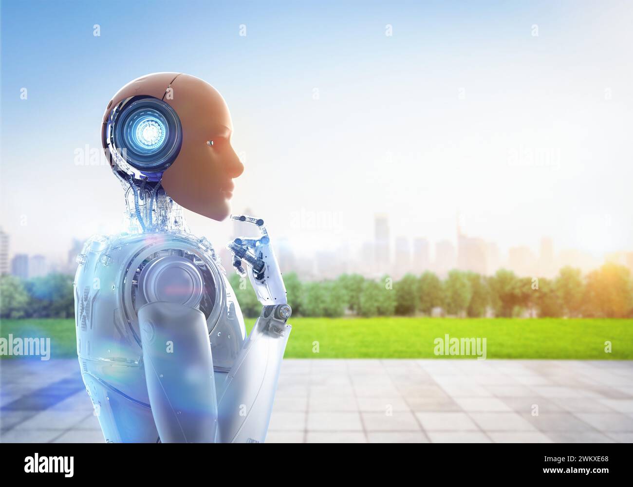 3d rendering artificial skin or human-like skin robot with cityscape ...