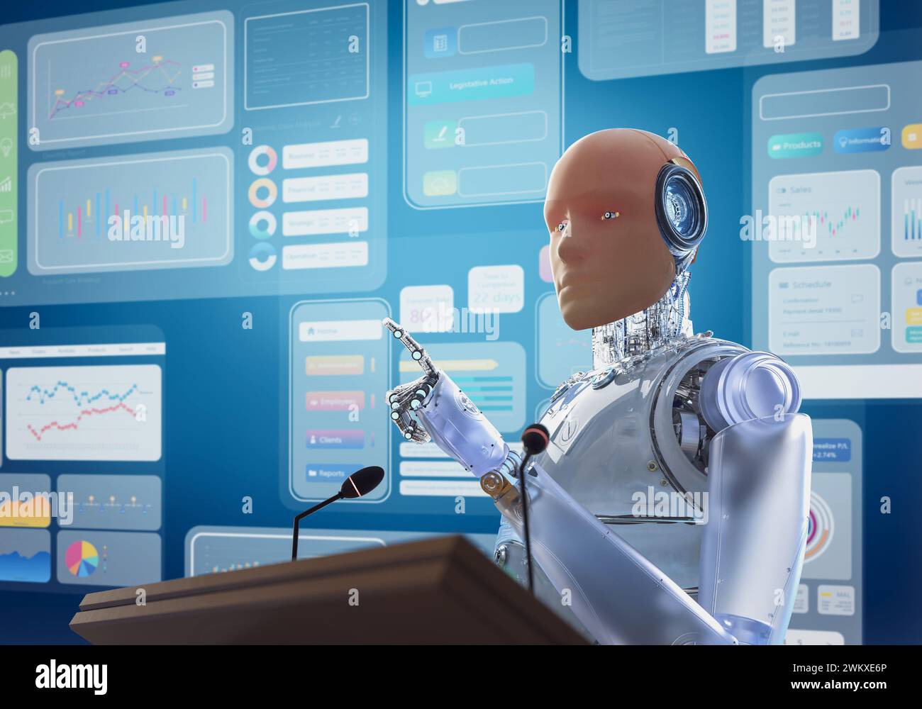 3d rendering robotic public speaker speaking on podium with digital ...