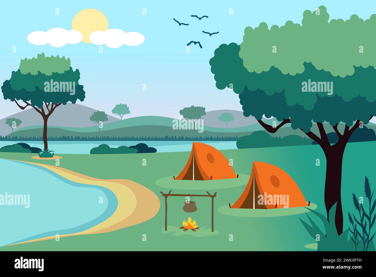 Campfire tent lake in Stock Vector Images - Alamy