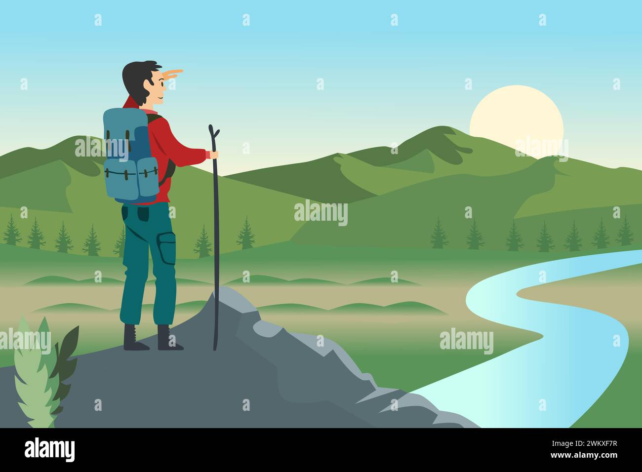 Explorer on top of mountain hiking Stock Vector Images - Alamy