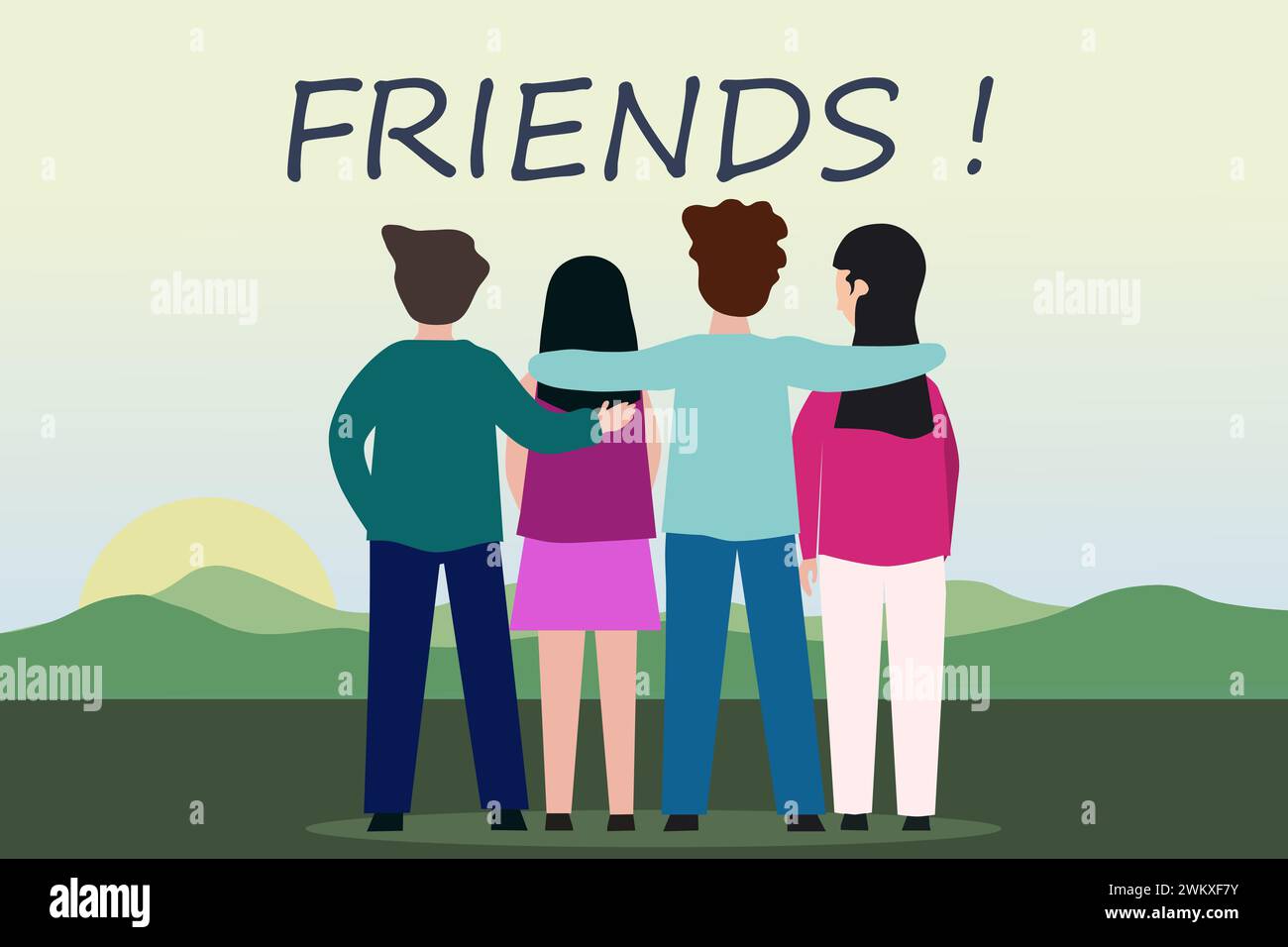 Happy international friendship day greeting card, back view of friends ...