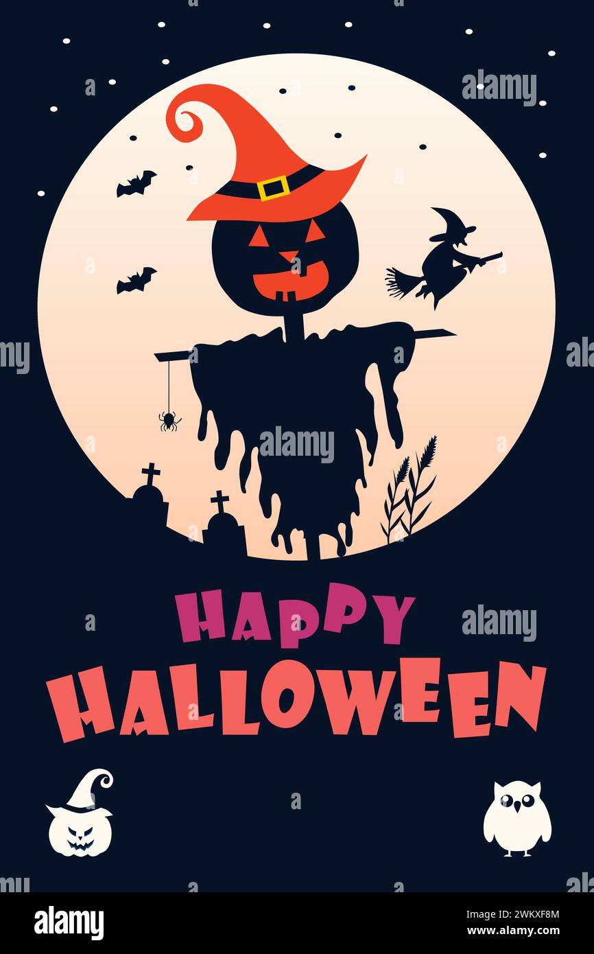 Halloween vertical background with scarecrow pumpkin. Flyer or ...