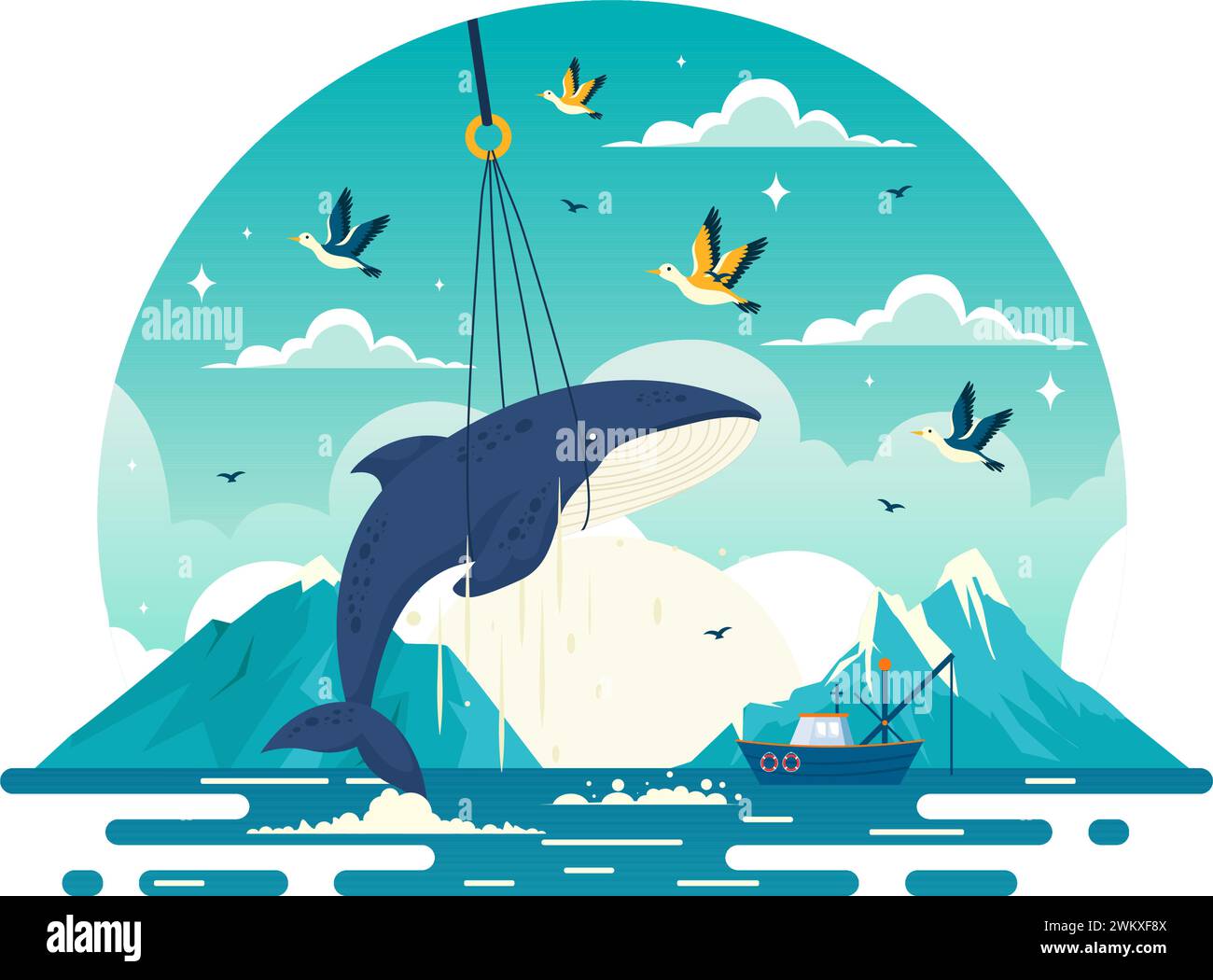 Whale Hunting Vector Illustration with the Activity of Catch Whales to ...