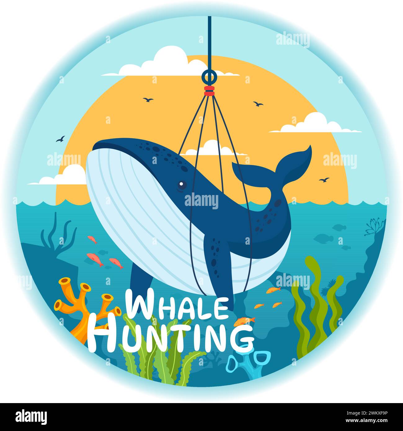 Whale Hunting Vector Illustration with the Activity of Catch Whales to ...