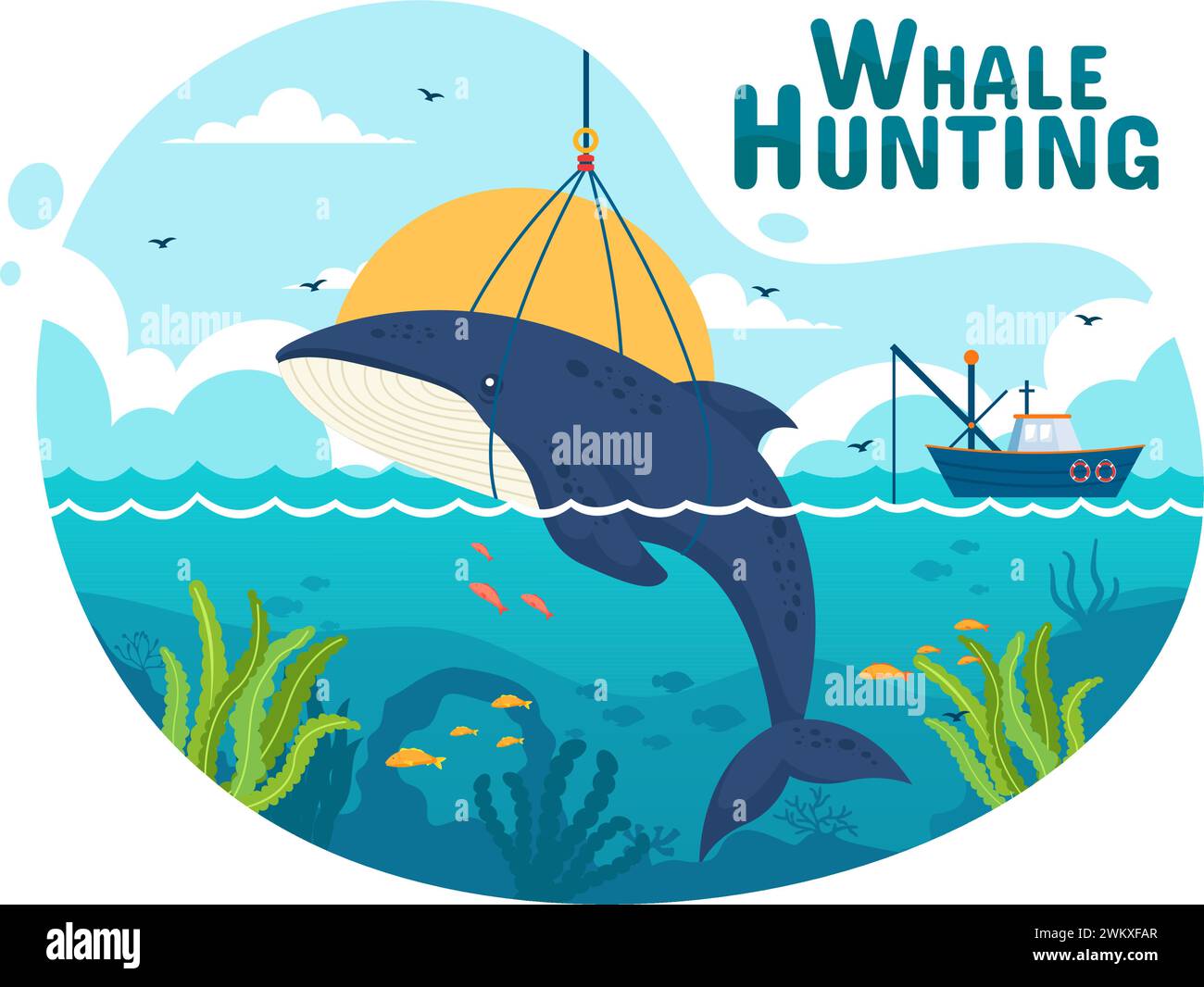 Whale Hunting Vector Illustration with the Activity of Catch Whales to ...