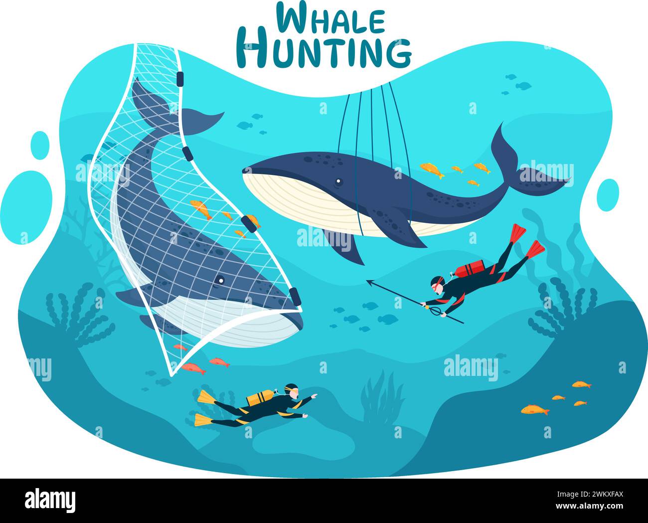 Whale Hunting Vector Illustration with the Activity of Catch Whales to ...