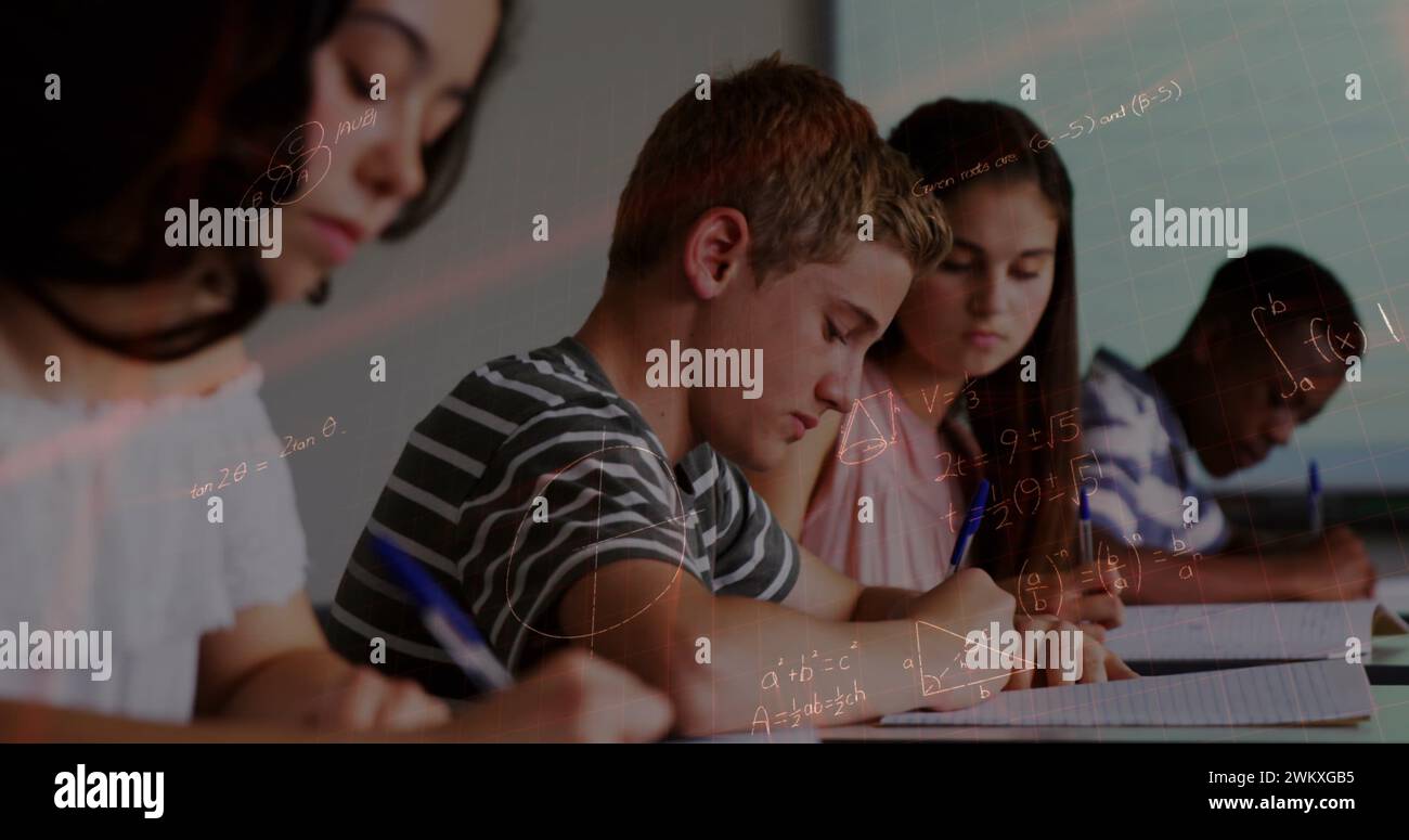 Image of mathematical equations over school children writing in ...