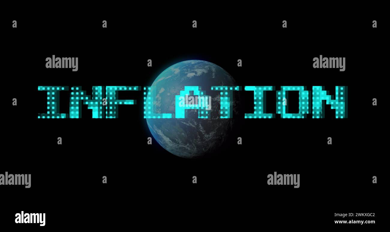 Image of inflation text in blue over globe rotating on black background ...