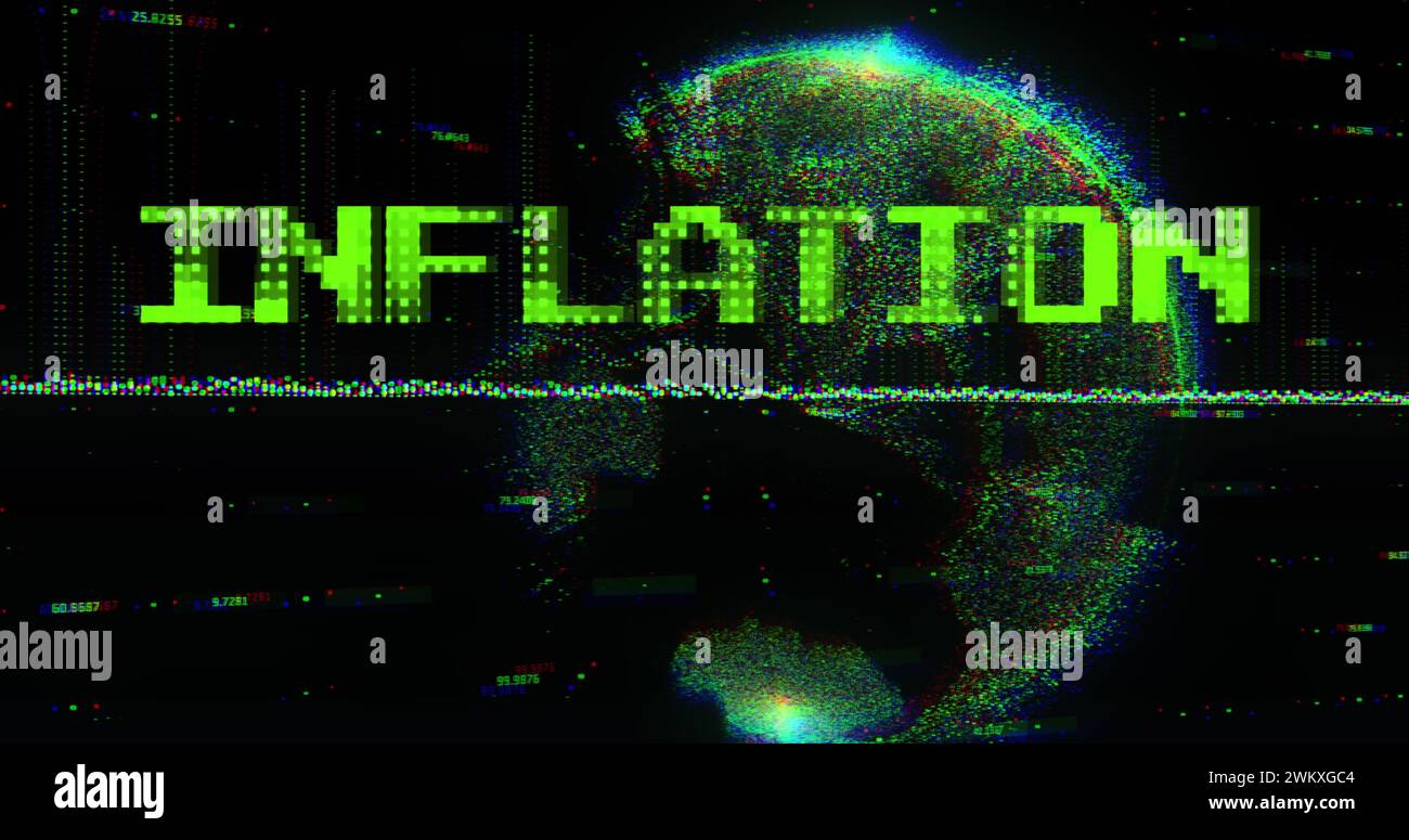 Image of inflation text in green over global communication network and processing data Stock ...