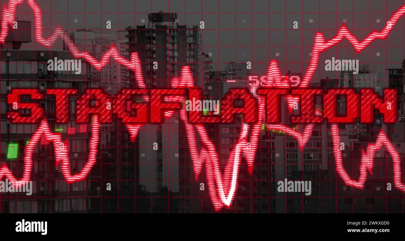 Image of stagflation text in red with graph and charts processing data over cityscape Stock ...