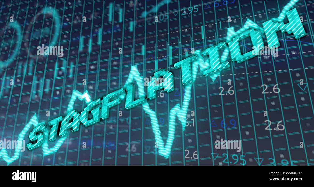 Image of stagflation text in blue over graph and charts processing data Stock Photo - Alamy