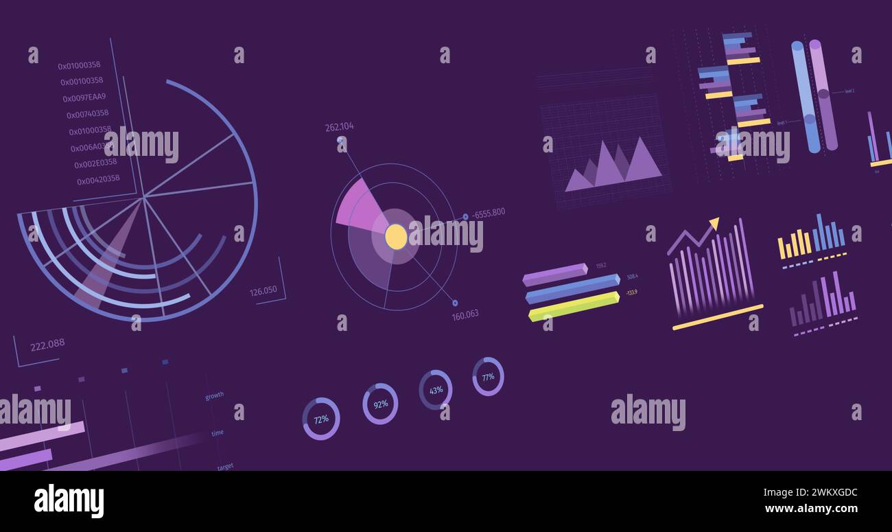 Image of statistics and financial data processing over purple ...