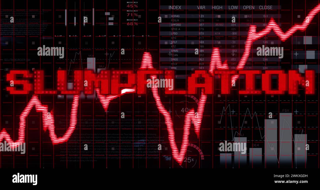 Image of slumpflation text in red over graph, world map and charts processing data. Global ...