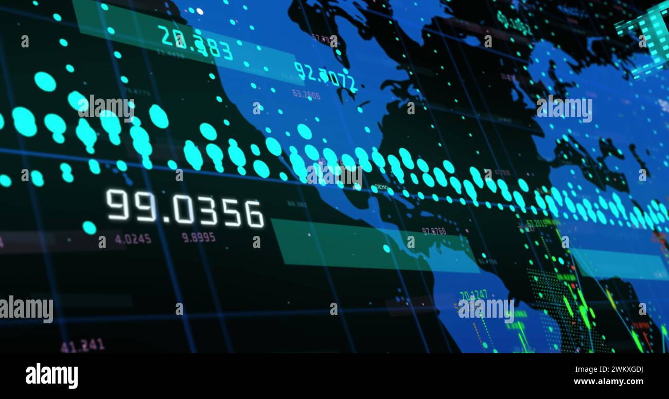 Image of inflation text in blue over graph, world map and processing ...