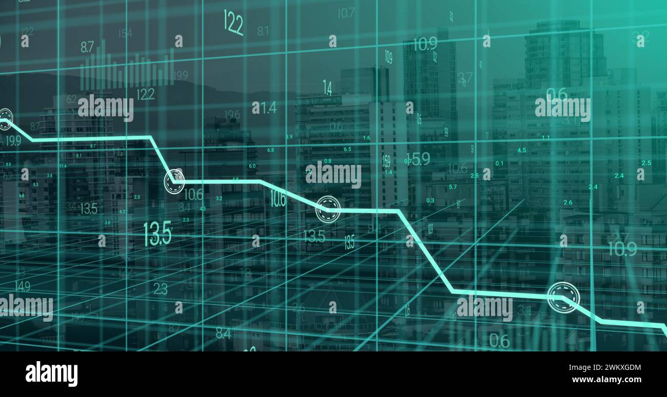 Image of blue graph and data processing on 3d grid over buildings in ...