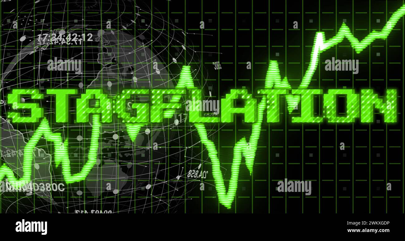 Image of stagflation text in green over green graph, globe and ...