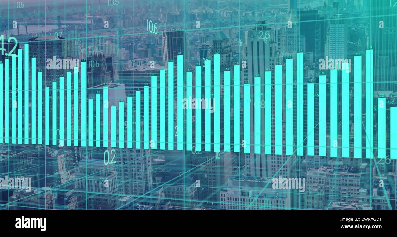 Image of blue graph and data processing on 3d grid over buildings in ...