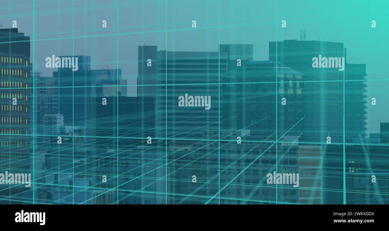 Image of 3d grid moving over buildings in modern cityscape ...