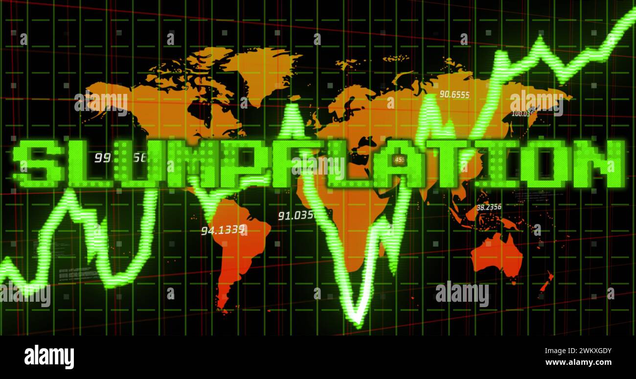 Image of stagflation text in green over graph and orange world map with processing data Stock ...