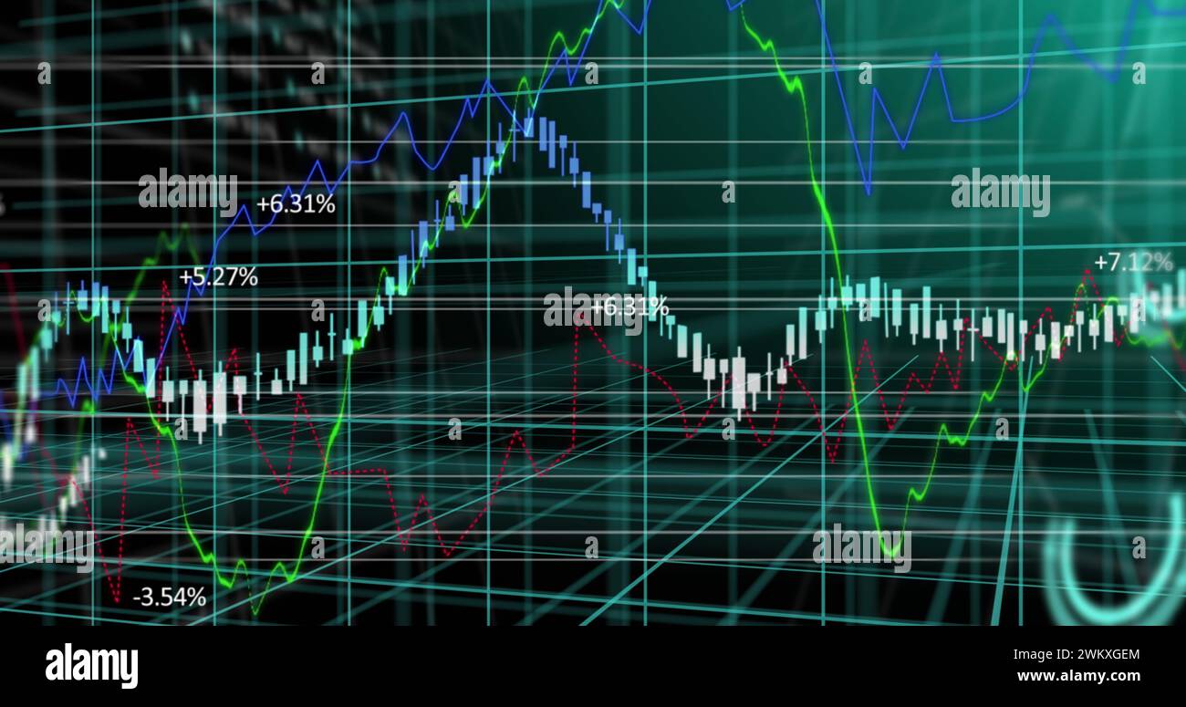 Image of graphs processing data over 3d grid on black background Stock ...