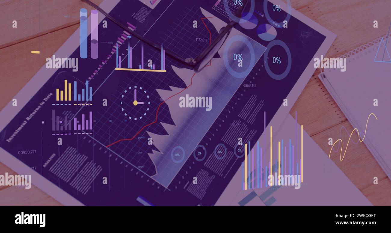 Image of statistics and financial data processing over woman drawing ...