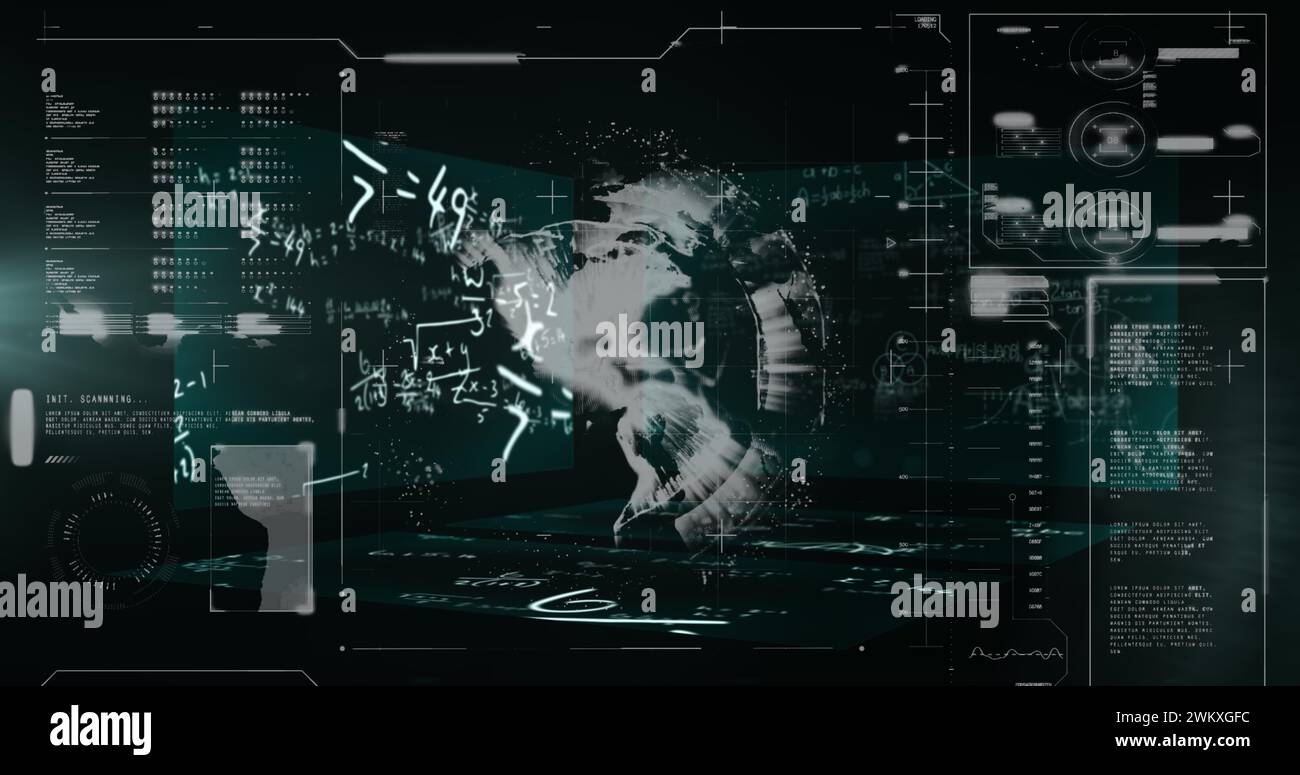 Image of graphs, data and globe on black digital screen Stock Photo - Alamy