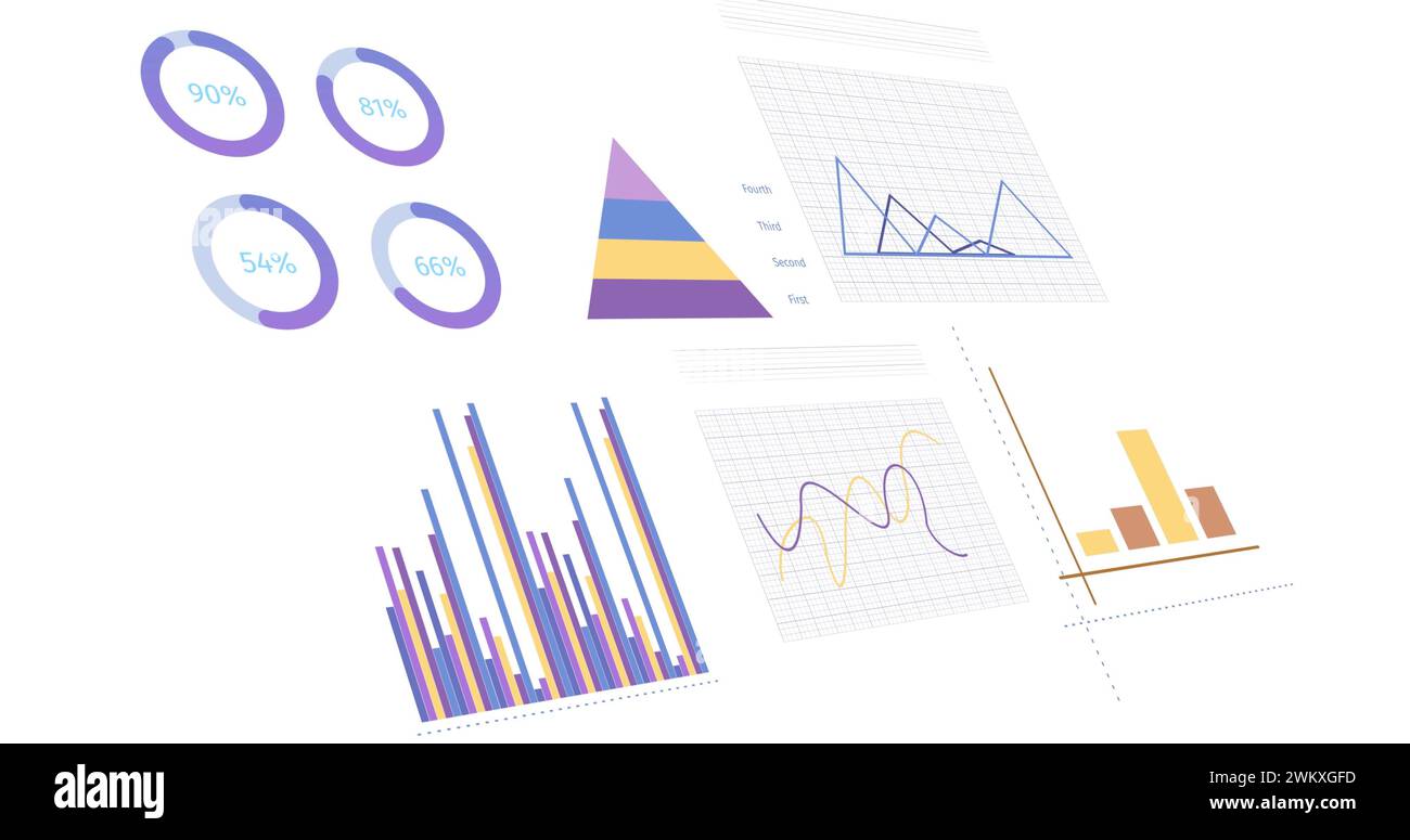 Image of statistics, graphs and financial data processing over white ...
