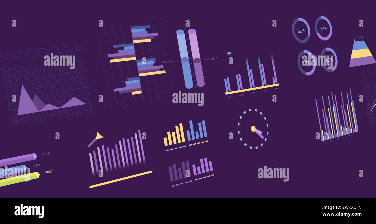 Image of statistics and financial data processing over purple background Stock Photo - Alamy