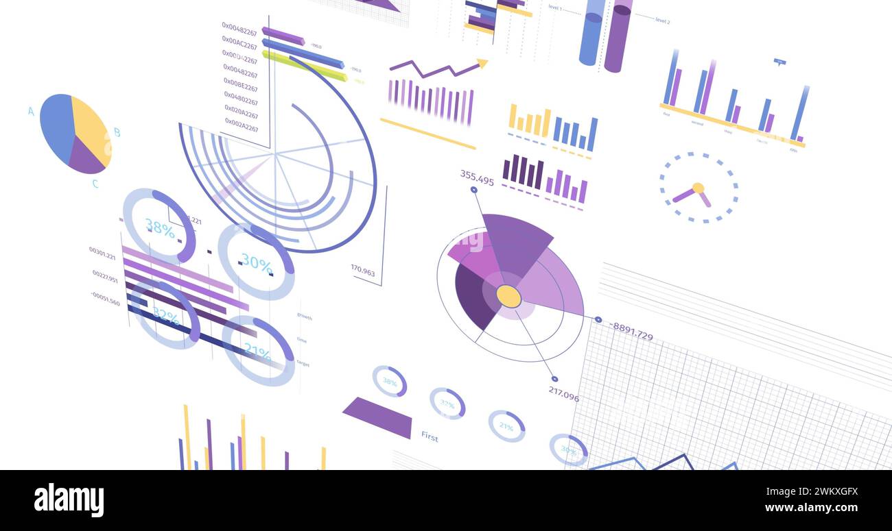 Image of statistics and financial data processing over white background ...