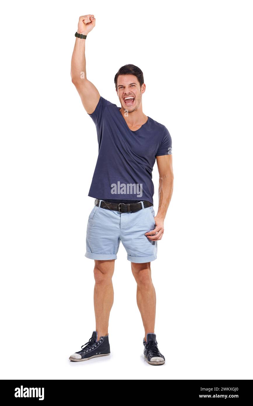 Portrait, excited and man with fist pump for success, victory or ...