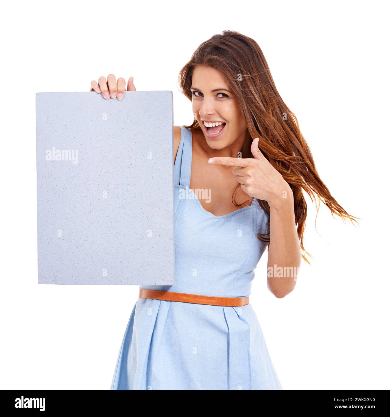 Portrait, excited and woman pointing at poster for mockup, space or ...