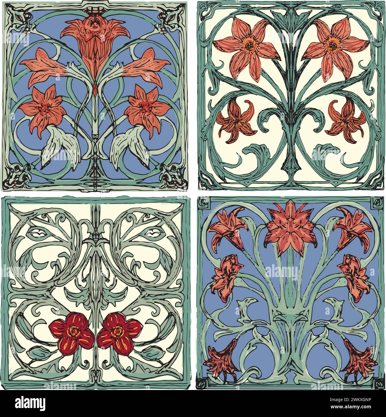 Hand drawn pen illustration of four floral tiles with repeating pattern ...