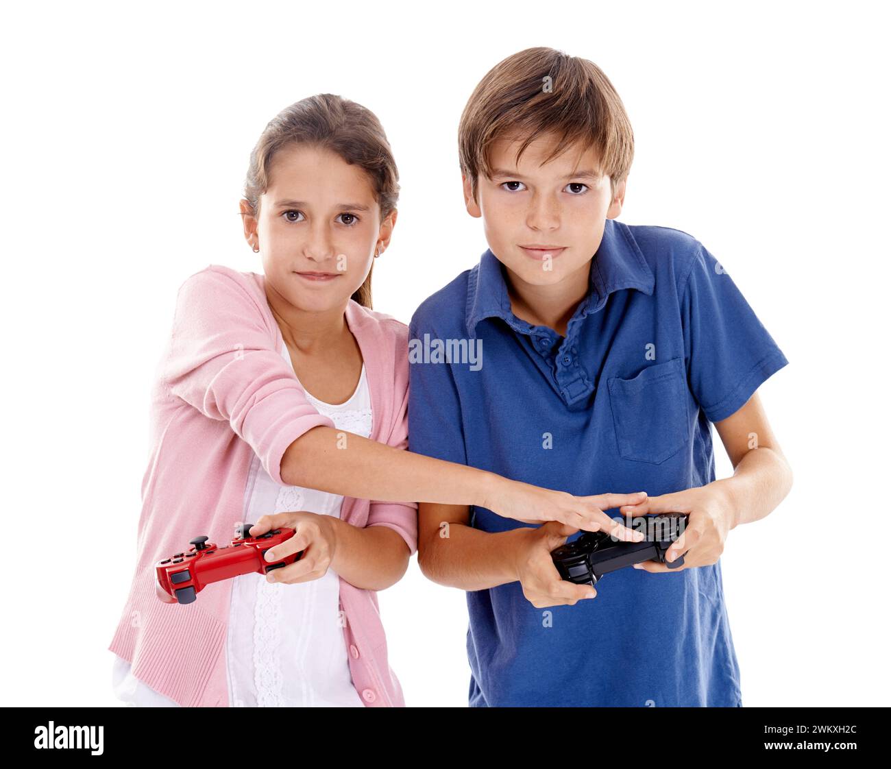 Children, video game and controller for siblings in studio, portrait ...