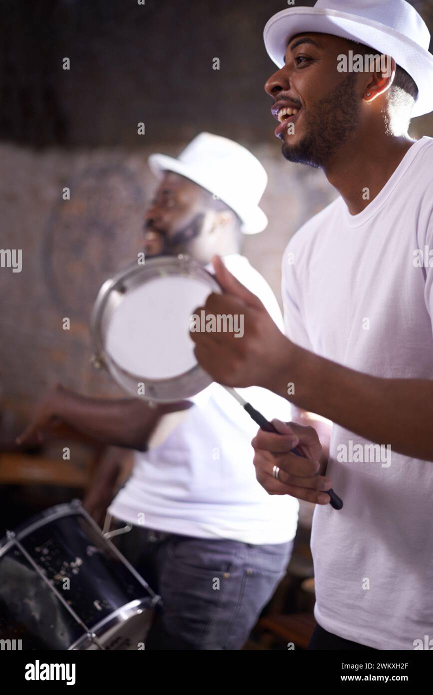 Music, concert and man with tambourine, percussion instruments and band ...