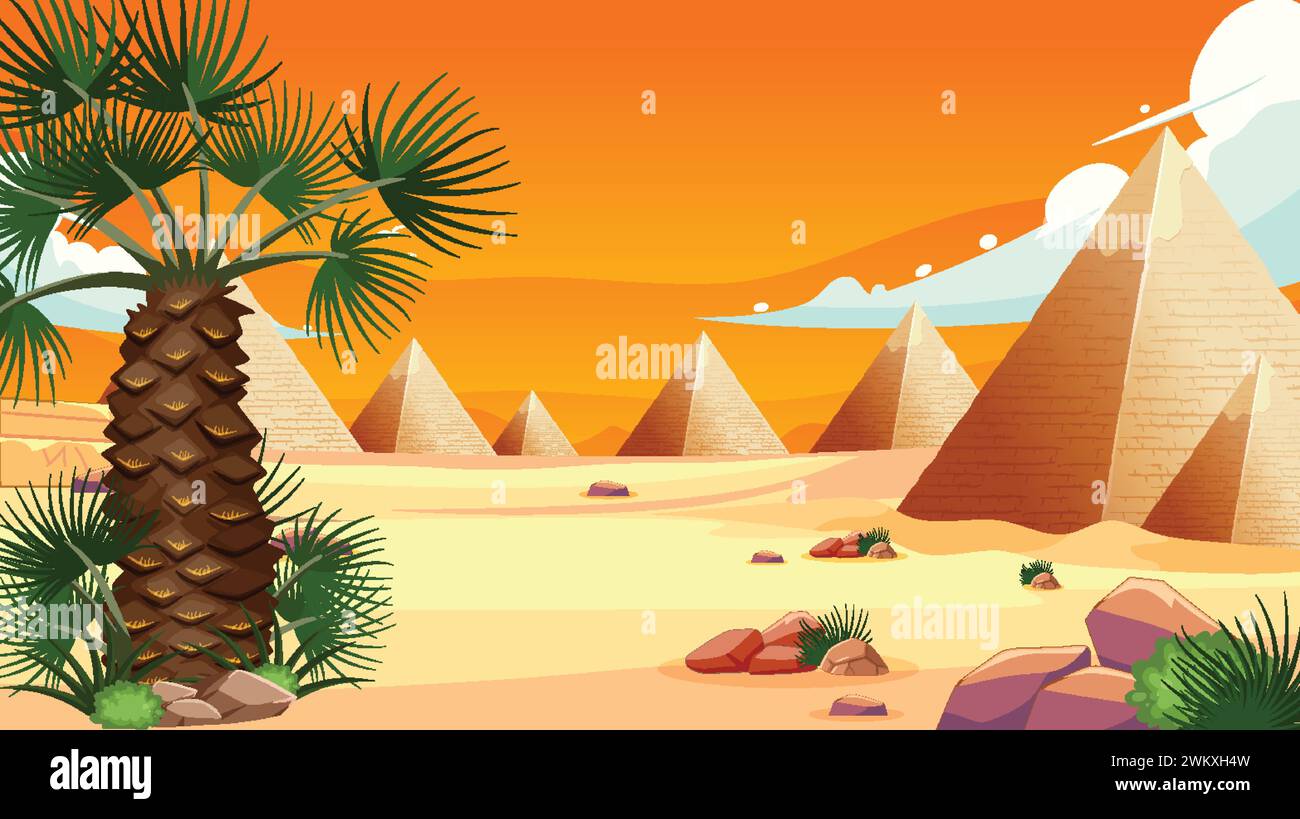 Illustration of pyramids with palm trees in a desert Stock Vector Image ...