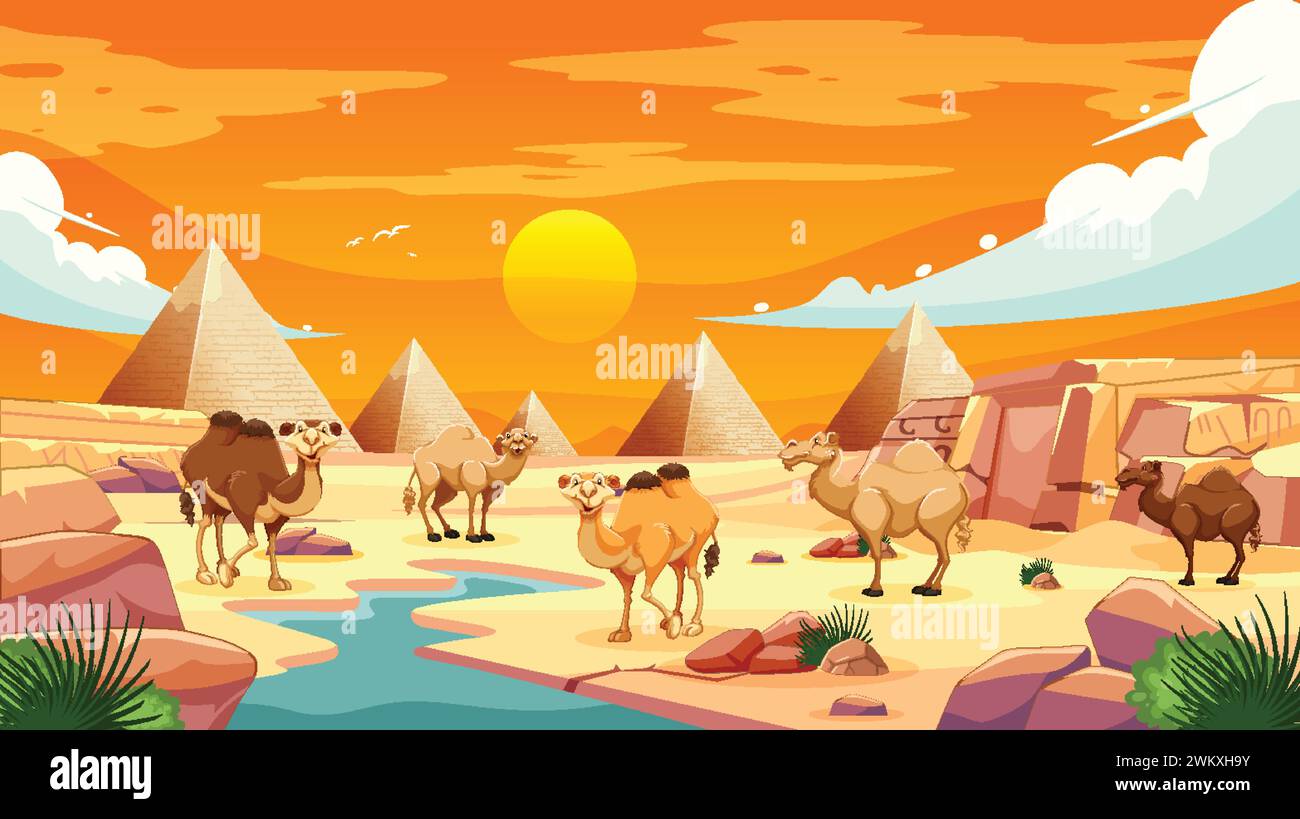 Camels by water near pyramids under a sunset sky Stock Vector Image ...