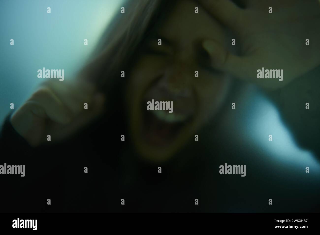 Scary, scream and woman with hand on glass, window or person trapped in ...