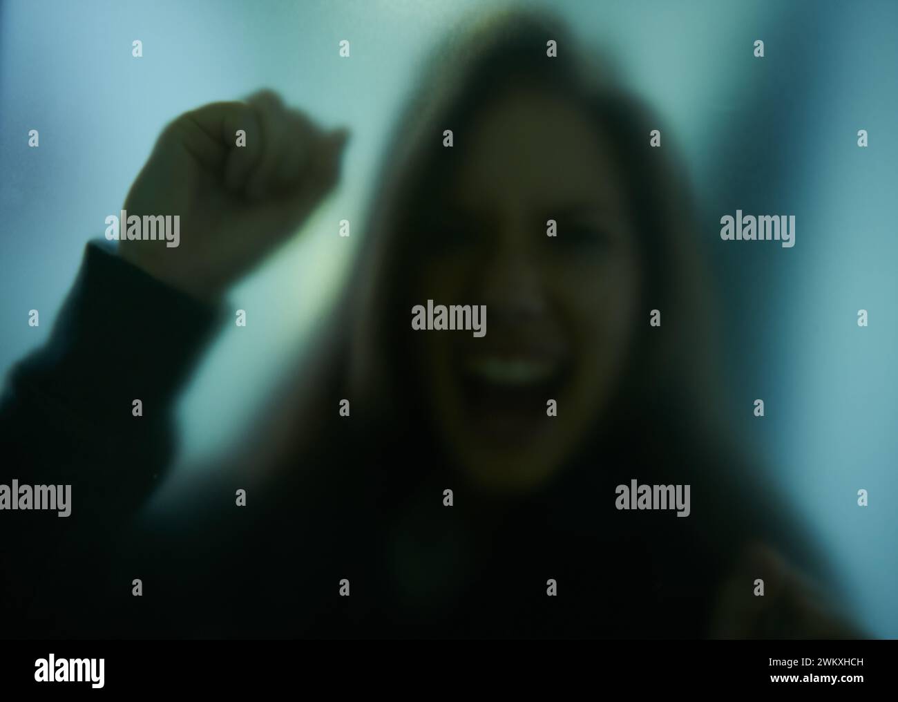 Scary, scream and woman with hand on glass, window or person trapped in ...